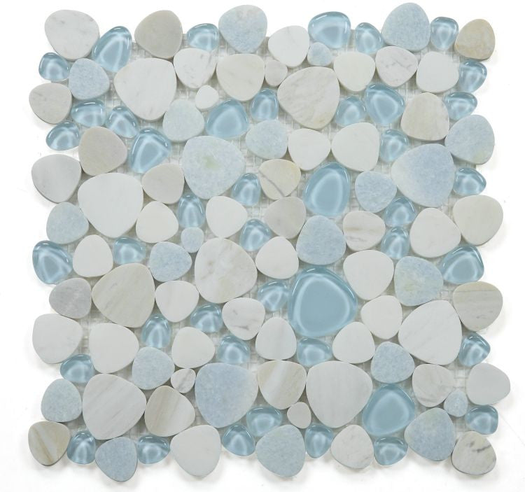 Sky UT-4424 Glass Stone Pebble Mosaic Tile – Blue and White Coastal