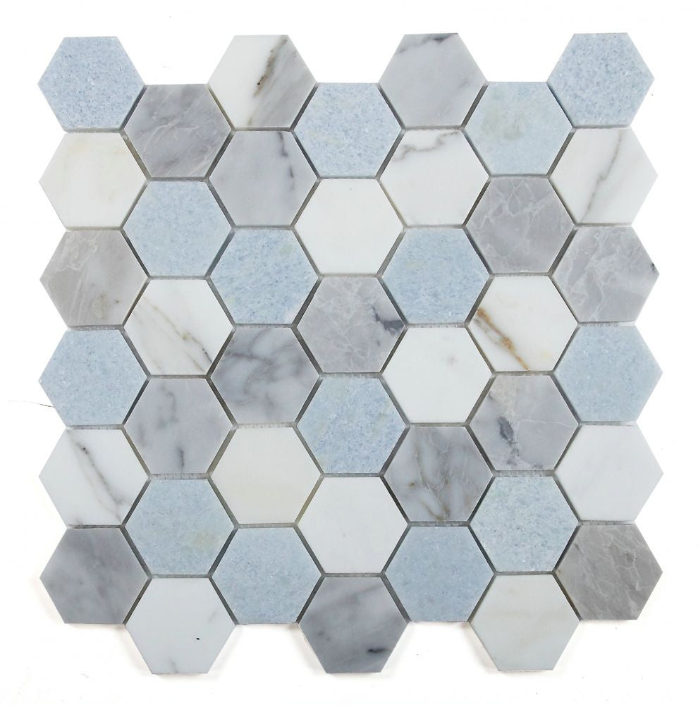 UT-4101 Livid 2x2 Hexagon Marble Mosaic – White & Blue Marble Tile for ...